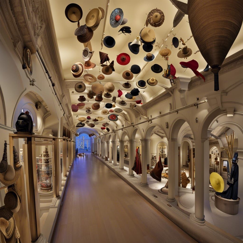 fantasy style, viewpoint looking down the middle of a museum hallway ...