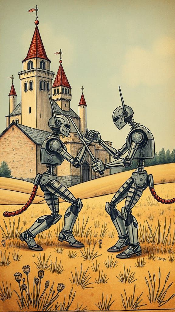 Whimsical medieval scene depicting two tetro futuristic robots fighting ...