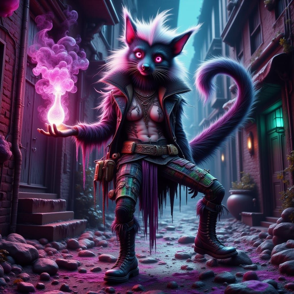 Grimy Neon Alley Punk Skunk Alchemist in Mid-Leap - AI Art