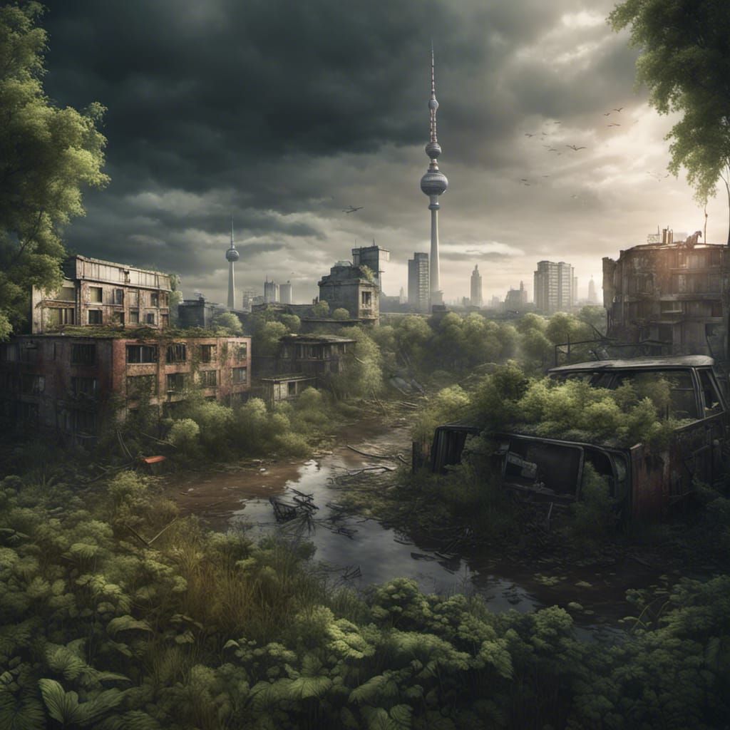 post-apocalyptic scene with the city landscape of Berlin in ruins ...