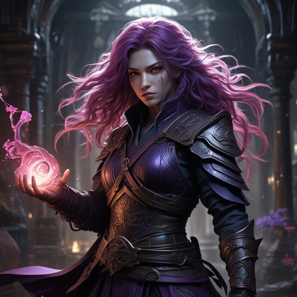 Ethereal Dark Ninja with Magenta Hair in Dynamic P... - AI Art