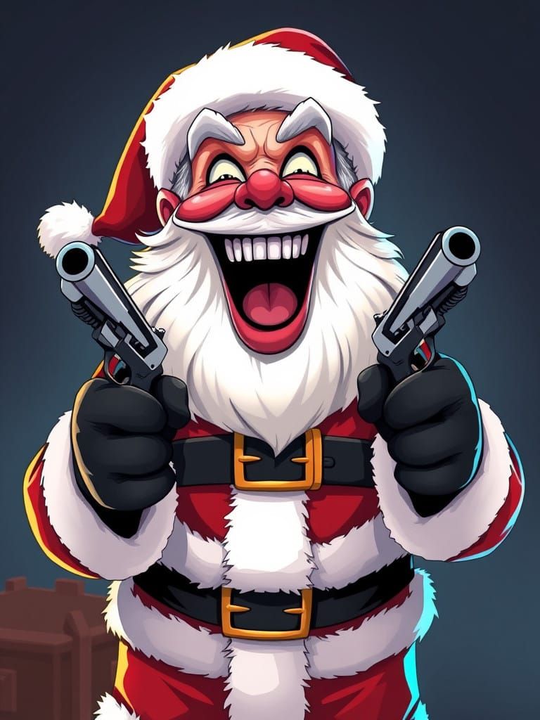 Cartoon 2d illustration of a scary laughing Santa holding revolvers ...