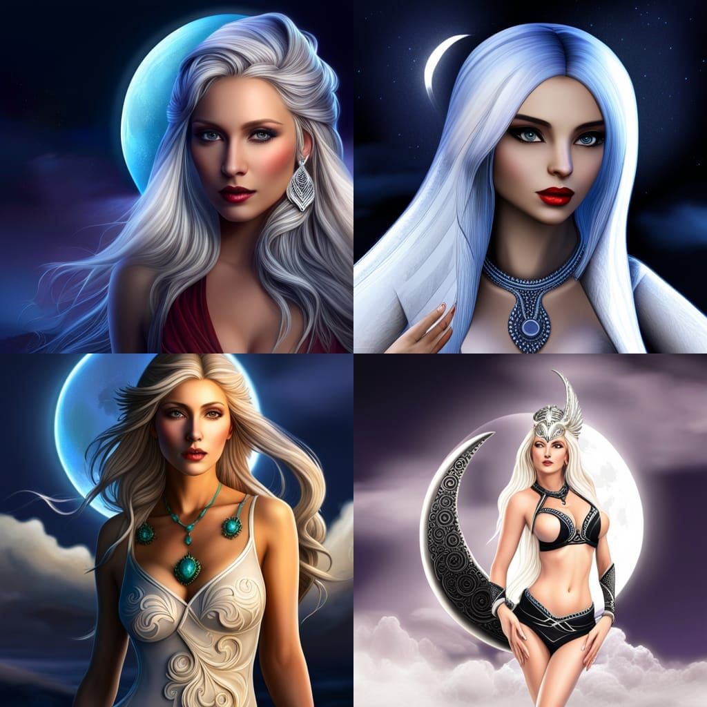 Beautiful Moon Goddess Covered In Nightly Glow With Detailed Silver Features Under The Moon With ...