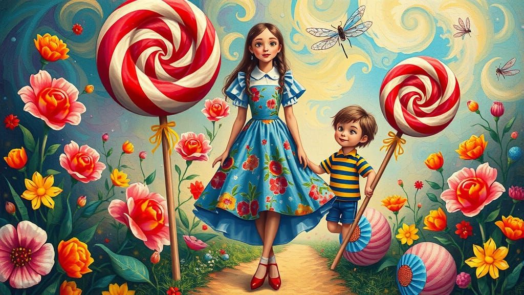 Style from the wizard Oz, Dorthy wearing ruby with the lollipop kids.