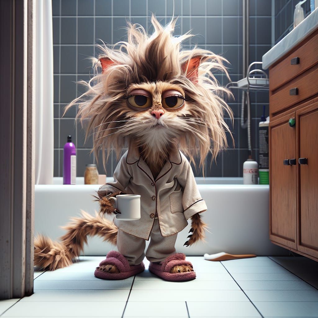 A realistically rendered cartoonish cat character with a frazzled ...