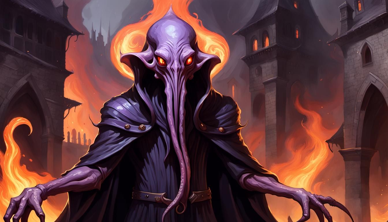 A Mind Flayer12 Illithid10 From Dungeons And Dragons In A Medieval City Thats On Fire