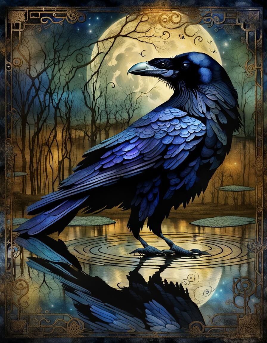 A beautiful raven wading in a pond at night; - AI Generated Artwork ...