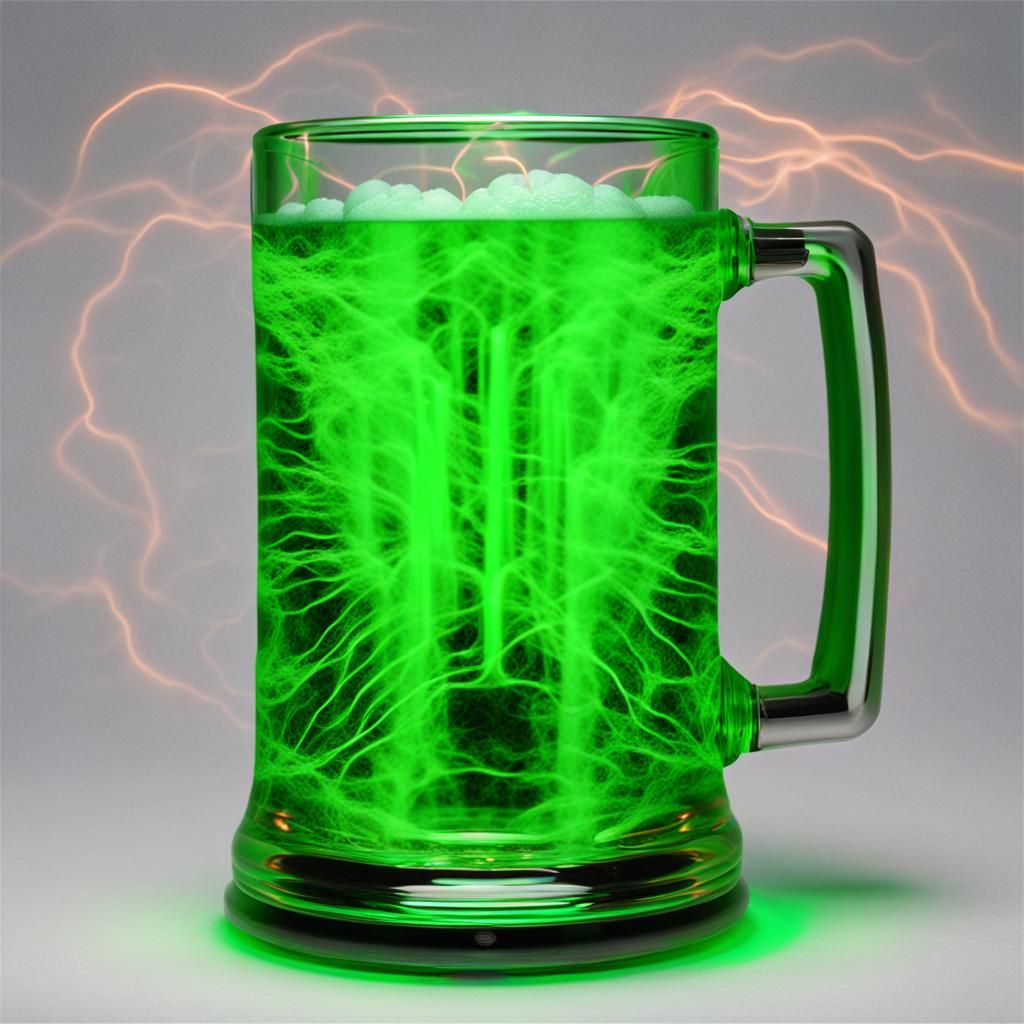 beer mug with Tesla coil high voltage green sparks - AI Generated ...