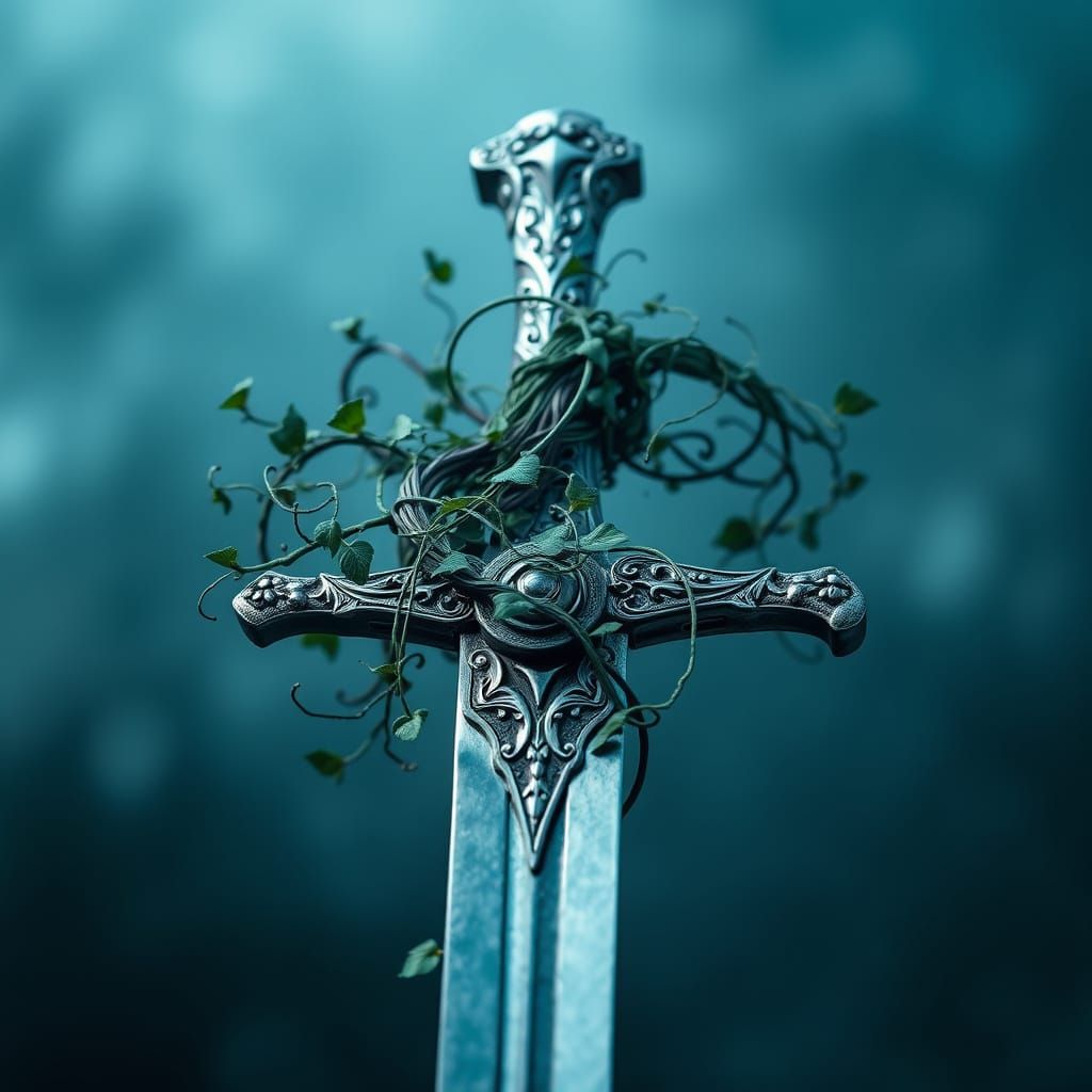 Ethereal Ivy Sword in Soft, Misty Hues - AI Art