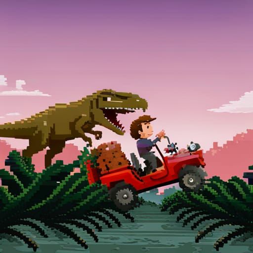 pixel art of Malcolm riding in the back of the jeep while being chased ...