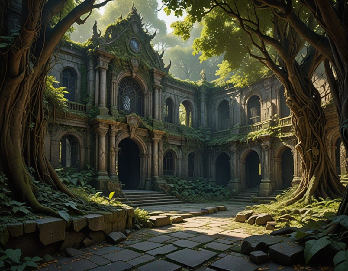 Weathered Stone Temple - Serene Figure in Whimsical Temple S...