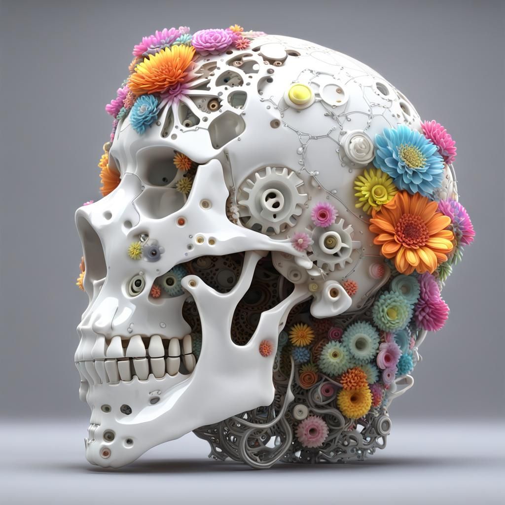 Radiation glowing side profile of glossy white porcelain android skull ...