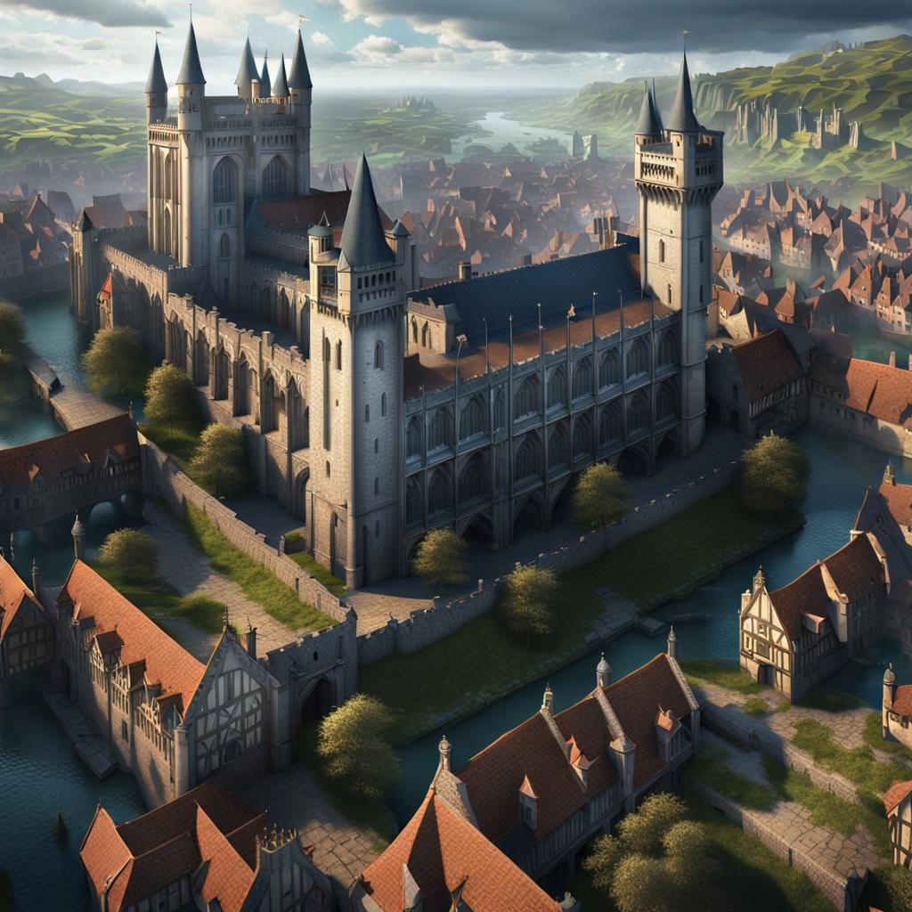 Medieval city in England. A large palace at the bottom of the city ...