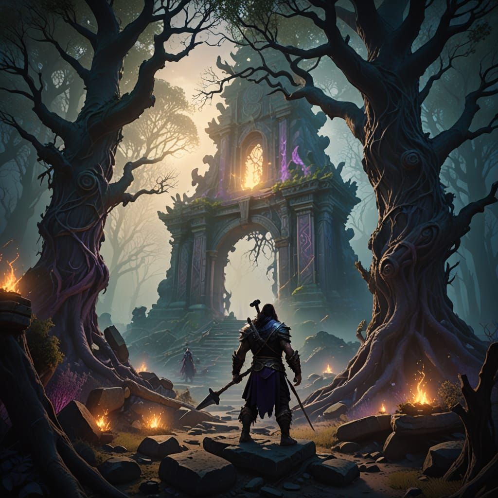 Dark Fantasy Barbarian Defies Arcane Fey Temple - AI Art