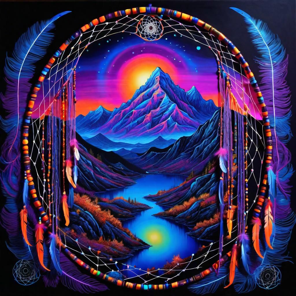 Blacklight painting of mountain landscape within a tribalistic concept ...