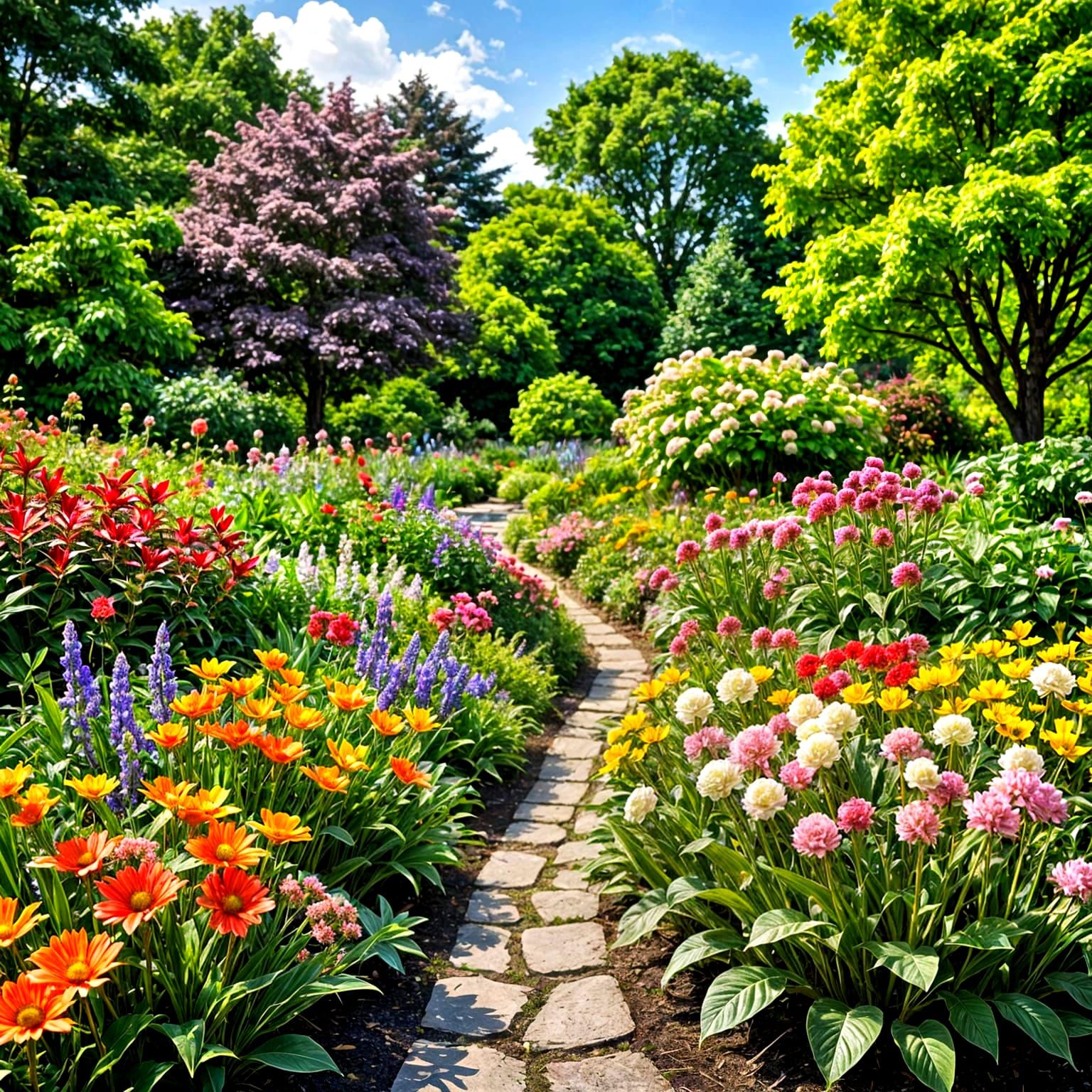 A beautiful botanical garden view with flowers of all colors