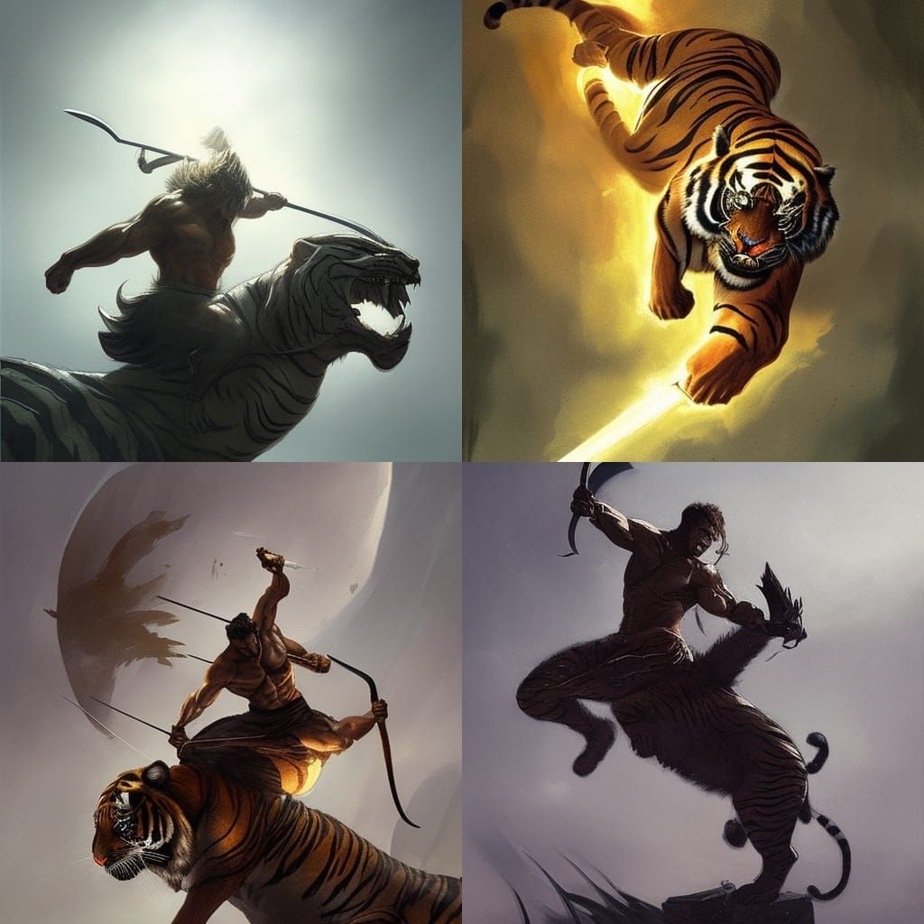 Create a muscular person riding a tiger. The person holds a sword in ...