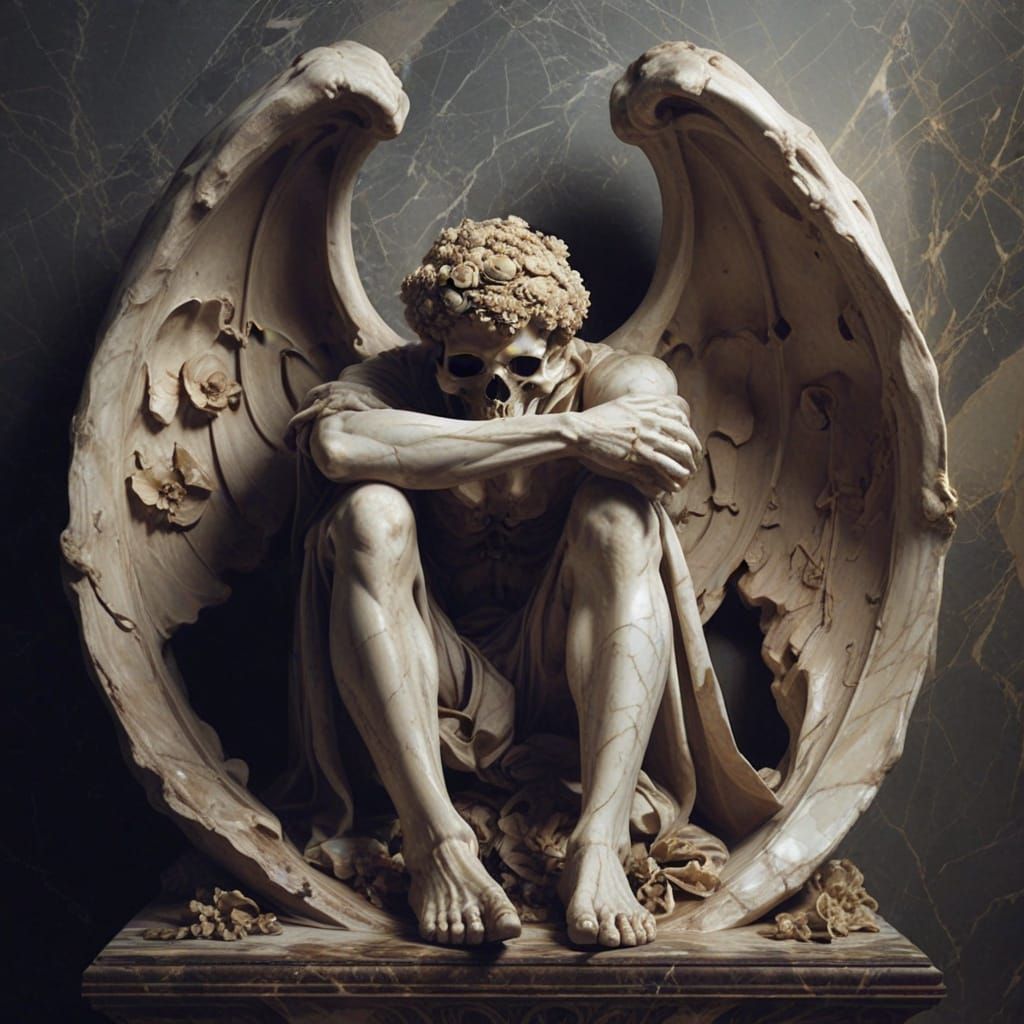 Statue - Death Angel - Baroque Marble Statue with Golden Ch...