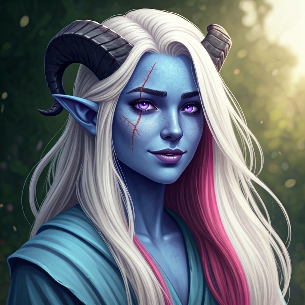 Tiefling Cleric Portrait: Blue Skin, Shattered Hor... - AI Art