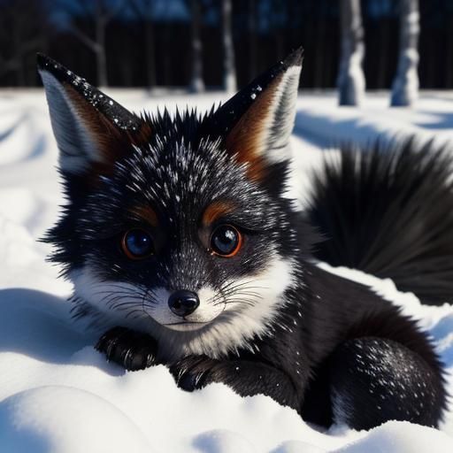 A cute adorable baby black-fox with glowing eyes, in a frozen winter ...