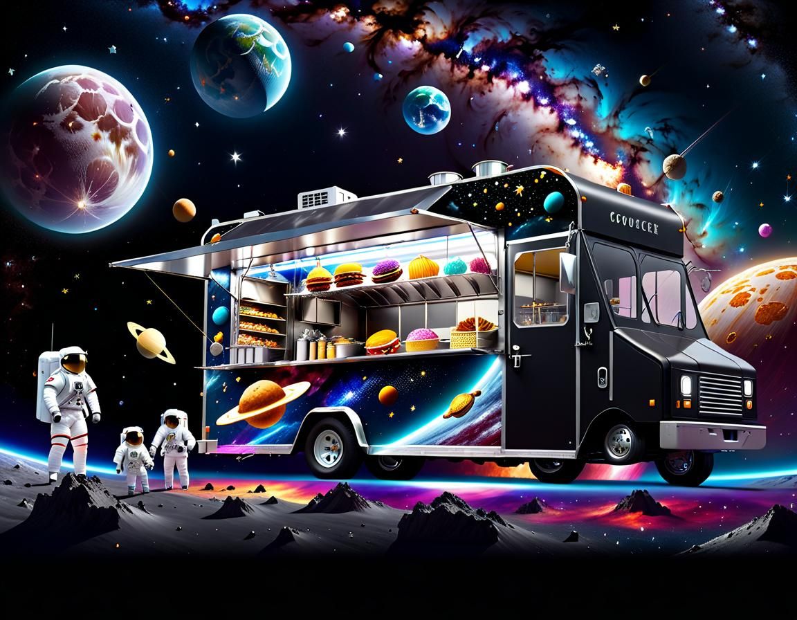 (Detailed space food-truck-ship:1.8): (floating in space:1.4): with a ...