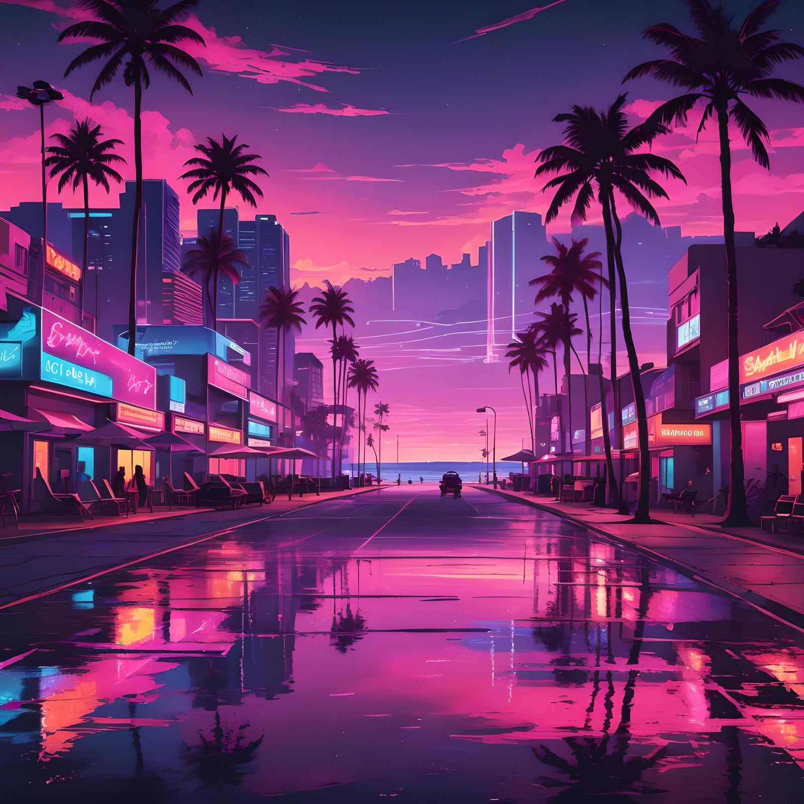 Synthwave city street view of the ocean - AI Generated Artwork ...