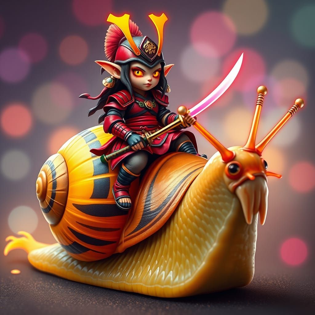 Goblin Samurai on a Snail in Neon Whimsy - AI Art
