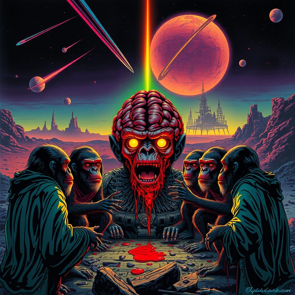 Space Monkey Cult - Cosmic Primate Cult in Neon-Tinged Apoca...