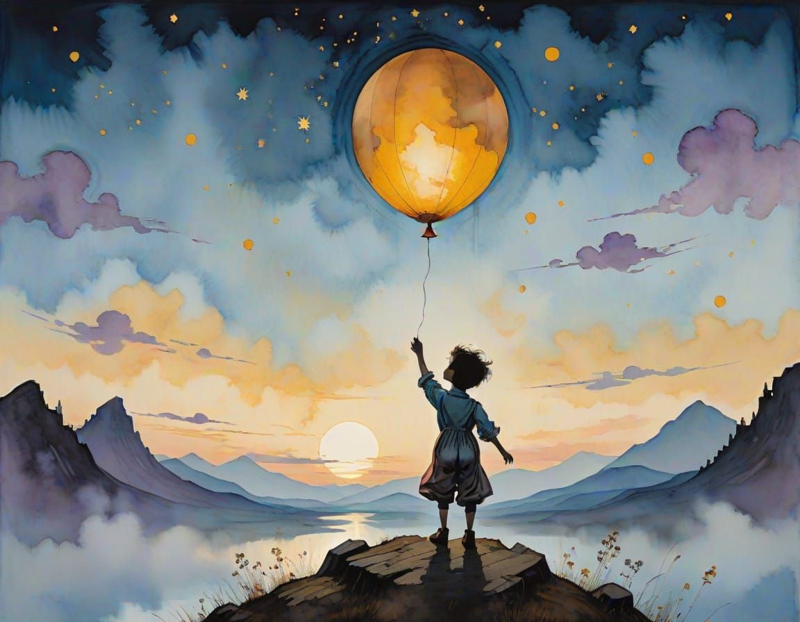 A whimsical silhouette of a child on tiptoe, reaching for a floating ...