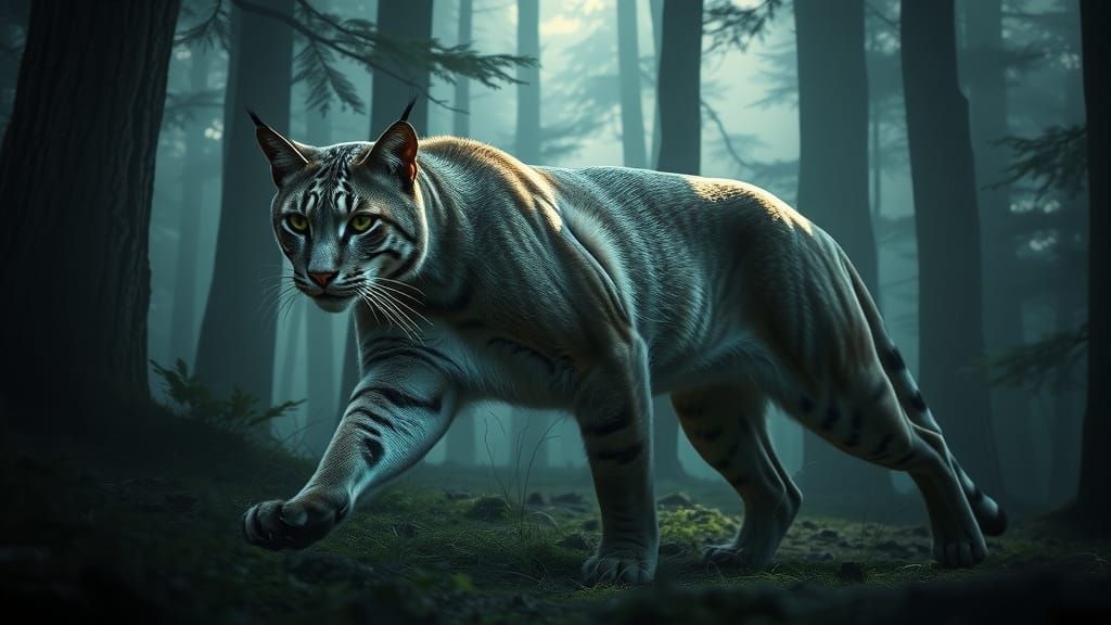 Cath shee on the hunt. - Giant Green Bobcat Stalks Shadowy F...