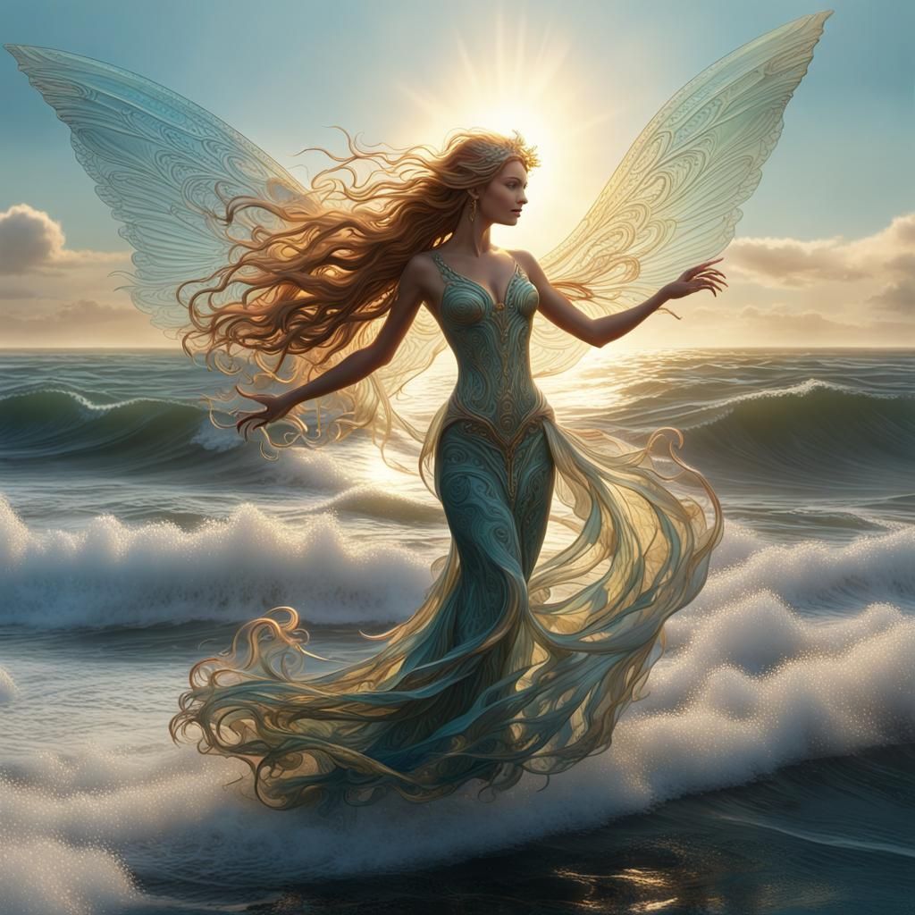 Oceanic sylph dancing upon the waves of the ocean; her gossamer wings ...