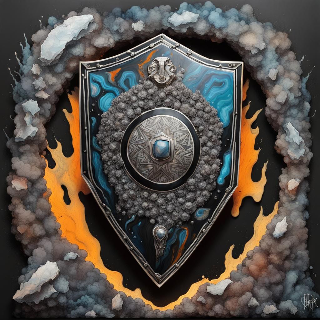 a warrior holding a large obsidian shield that absorbs the surrounding ...