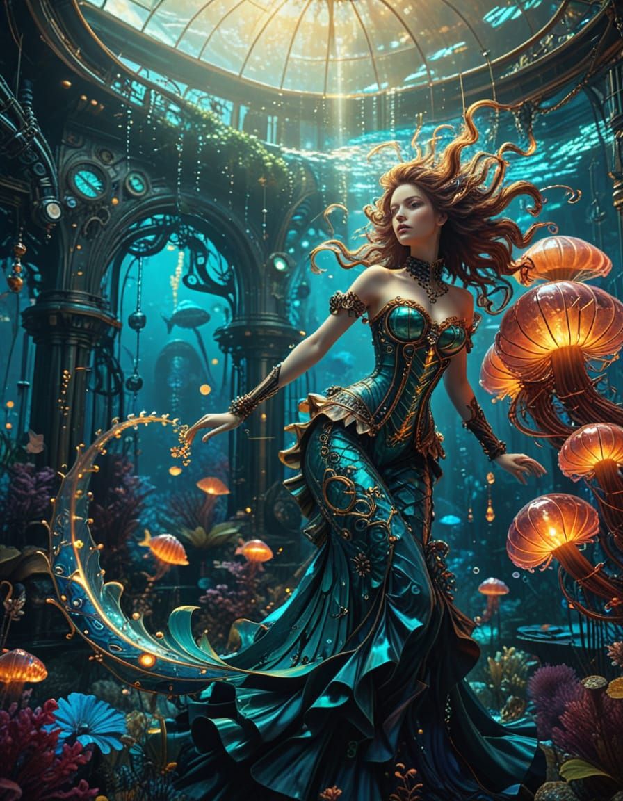 Baroque Steampunk Mermaid in Underwater Fantasy - AI Art