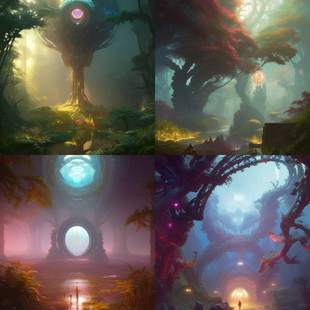 a portal opens from an exotic futuristic alien world to a lush ...