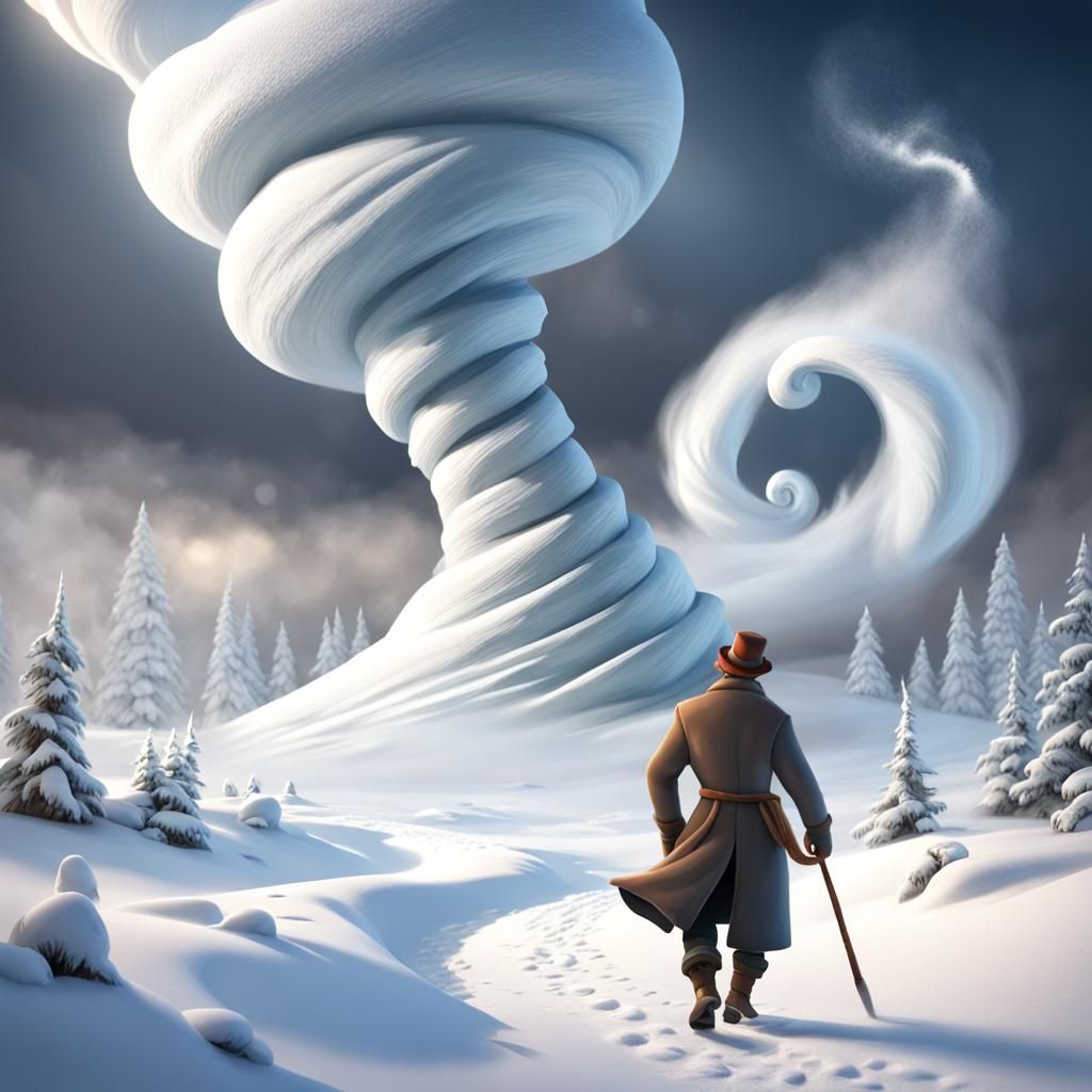 3D snow tornado, a tramp wanders in a frozen winter landscape ...
