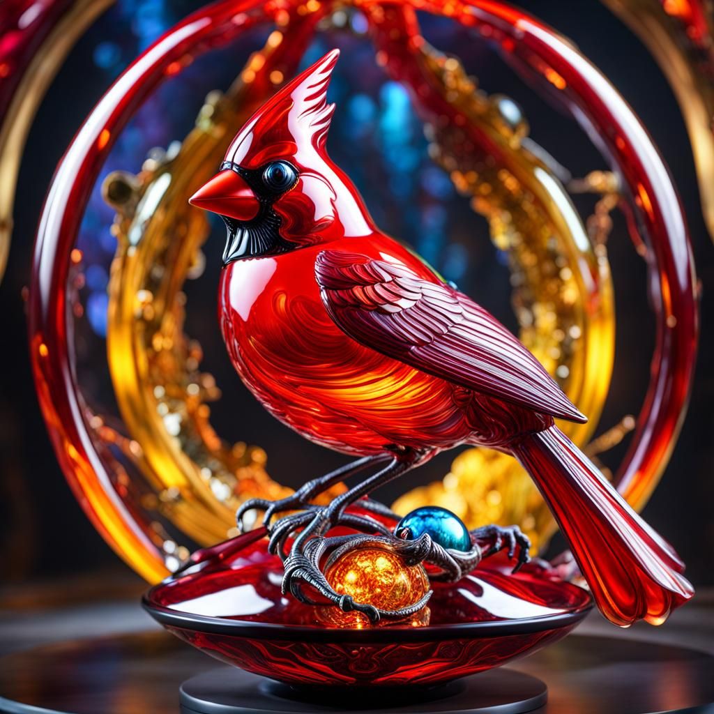 Intricately detailed illuminated Cardinal made of red blown glass ...