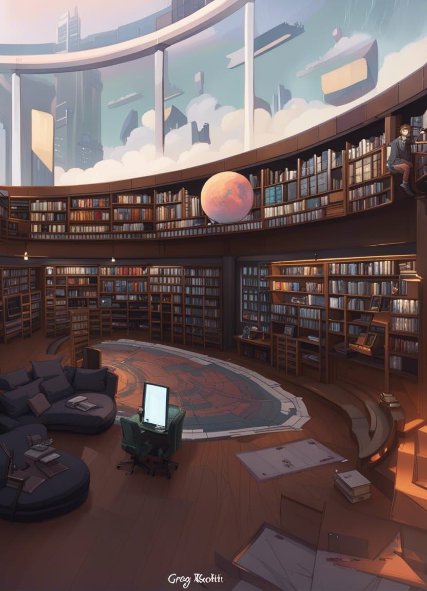 Cyberpunk LIBRARY Studio Ghibli WLOP Greg Rutkowski warm colors concept ...