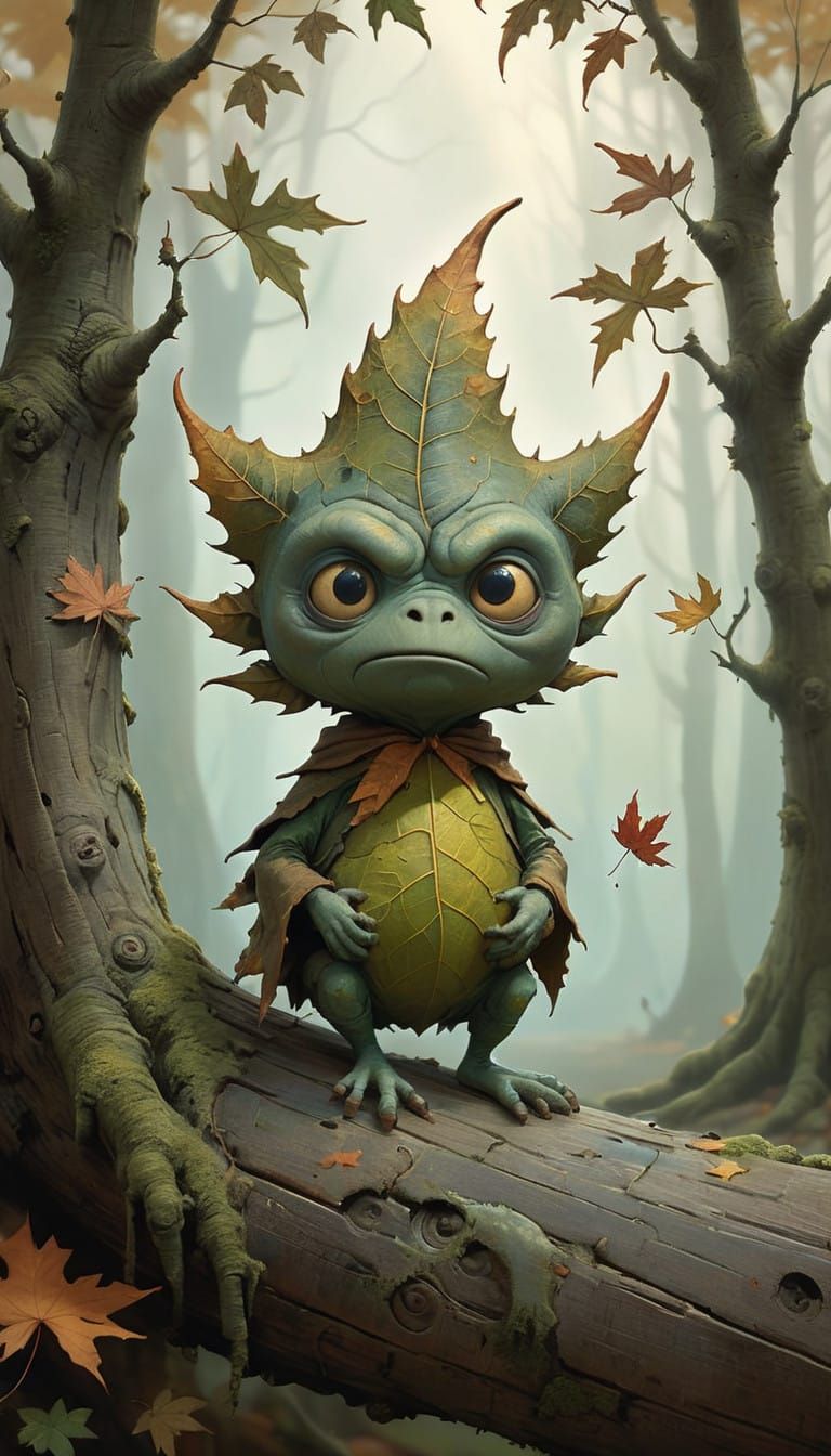 Whimsical Autumn Leaf Creature with Sad Eyes - AI Art