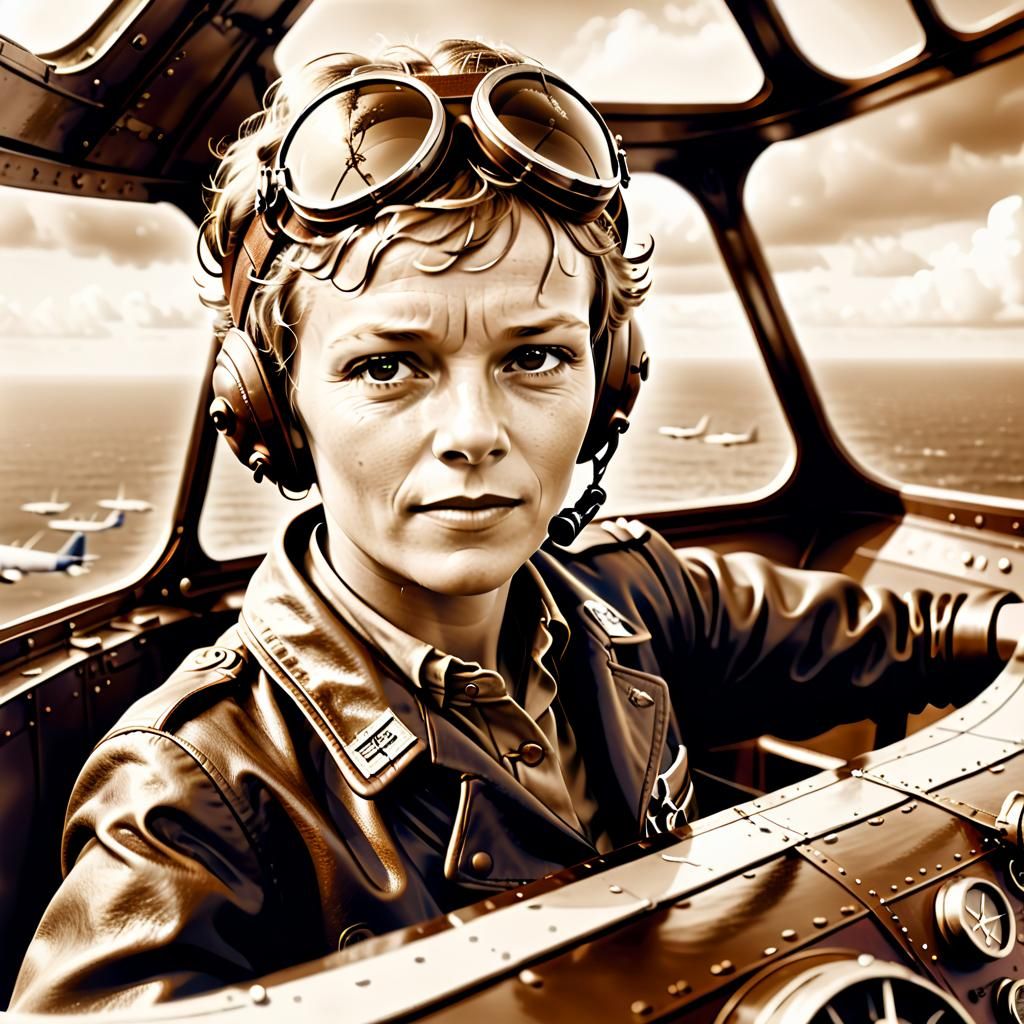 amelia earhart in airplane cockpit flying over the Pacific Ocean in ...