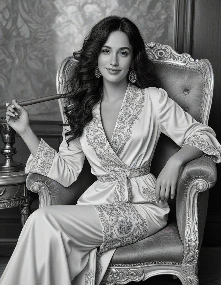 A woman sits confidently in a large, ornate armchair, holding a cigar ...