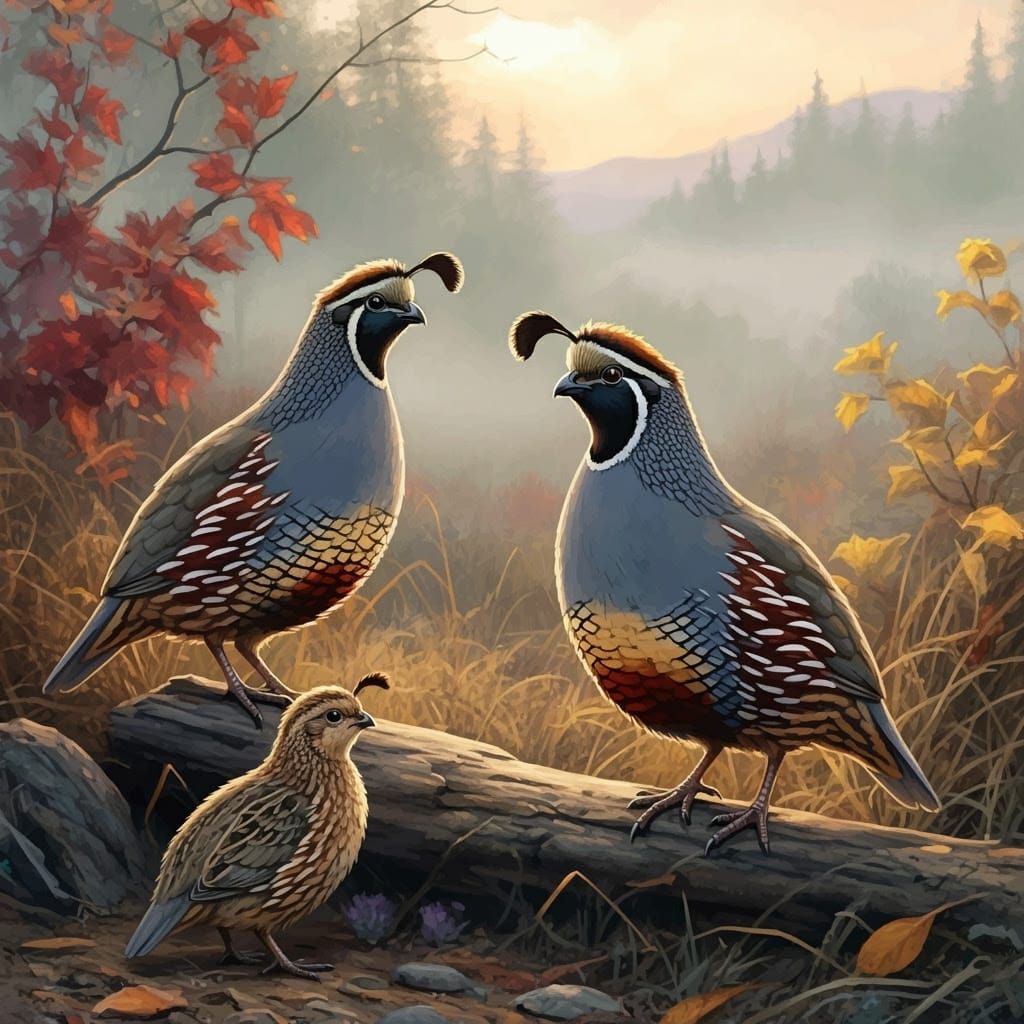 California Quail - California Quail Family in a Vibrant, Fog...