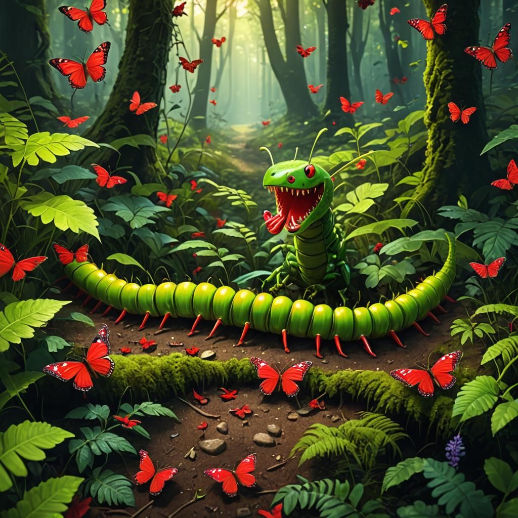 A cute yellow green centipede with red shoes plays with red butterflies ...