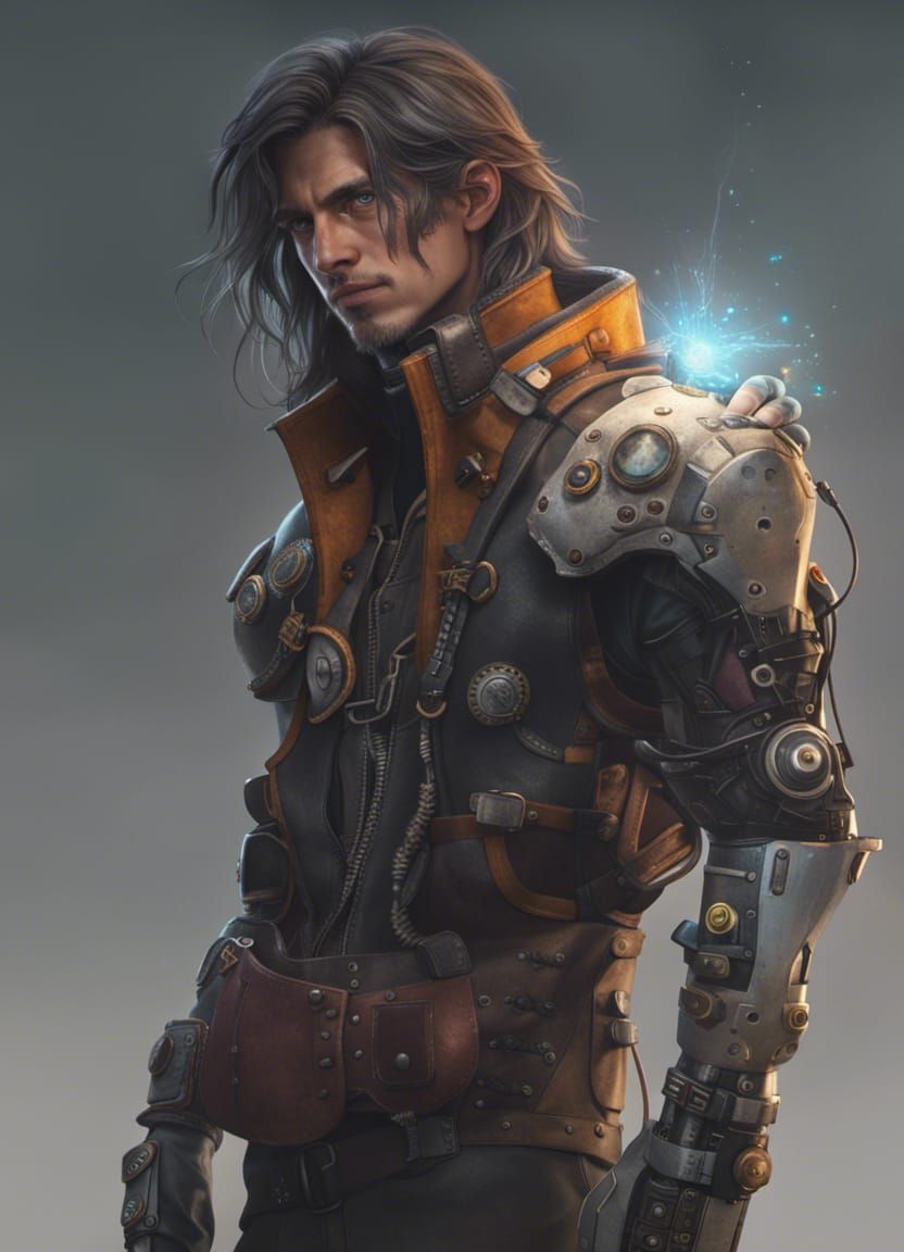 young man artificer, long hairs, looking at her advanced prosthetic ...