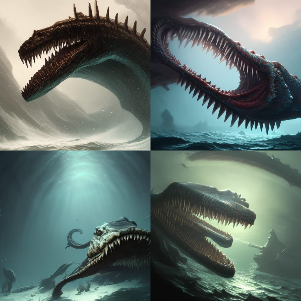 massive underwater sea serpent with razor sharp teeth and 2 jaws - AI ...
