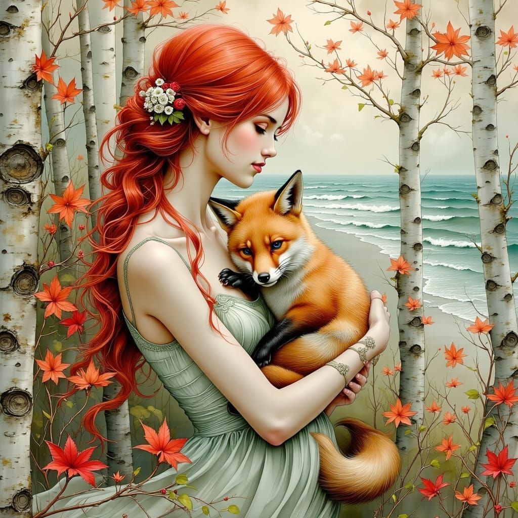 Fiery Red-Haired Woman Cuddles Red Fox in Vibrant ... - AI Art
