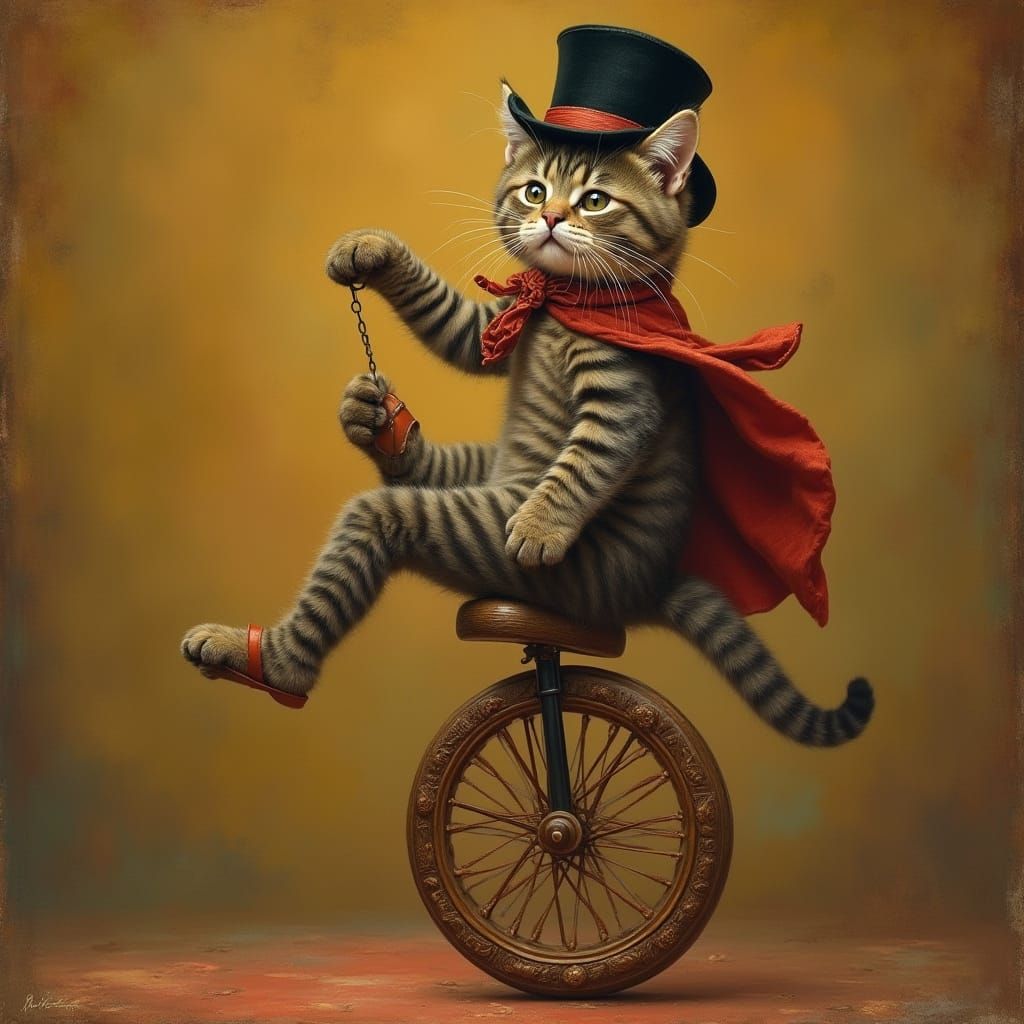 A cat on a unicycle - Feline Acrobat in Vintage Circus Attir...