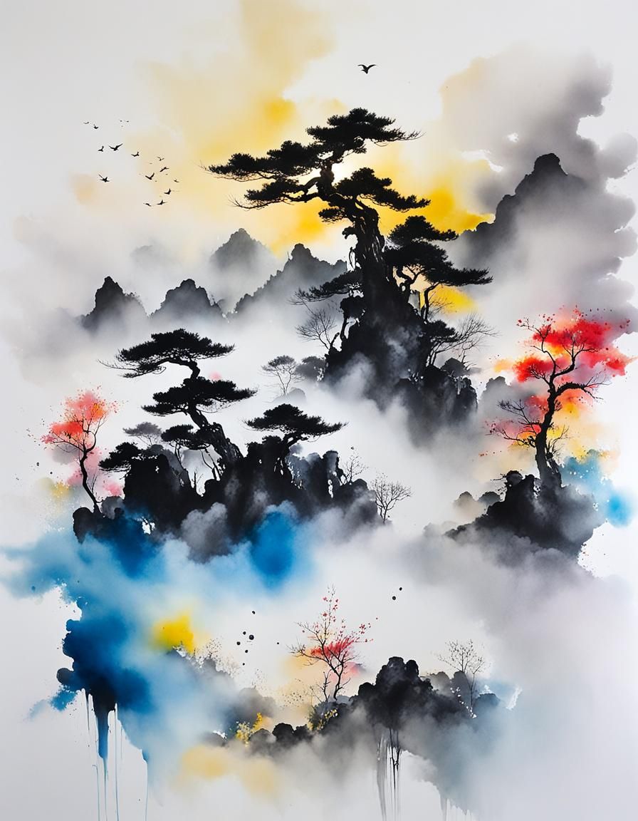 Chinese ink image art with ink splatters in the style of Hua Tunan ...