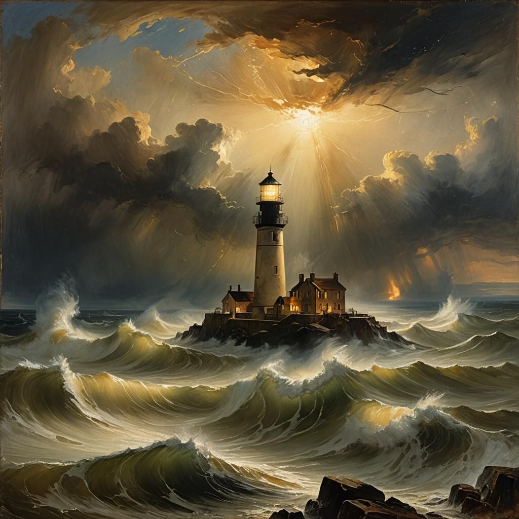 "Guiding Light" by J.M.W. Turner: Generate a dramatic, lighthouse scene ...