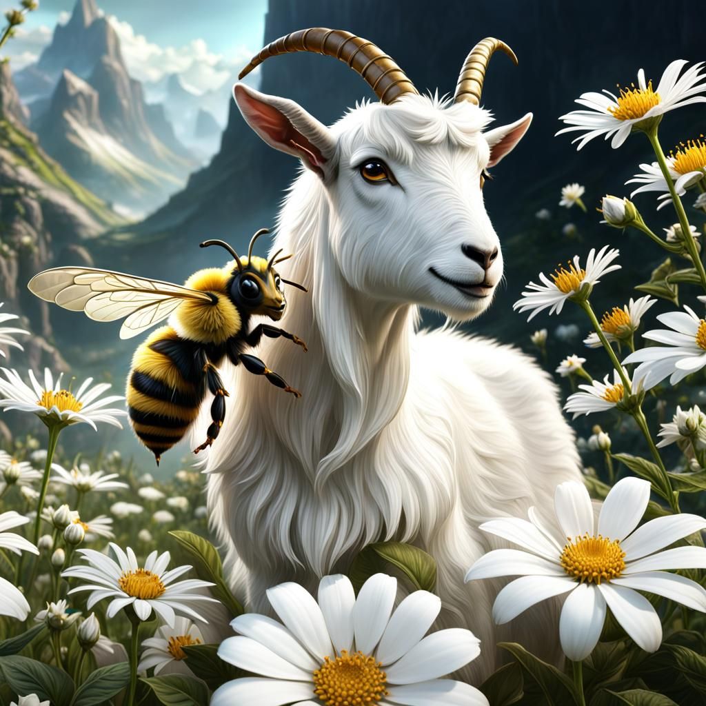 A bee is sitting on a white flower when a white goat came up to him ...