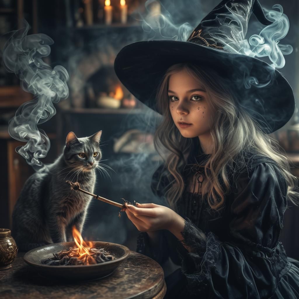 A young witch conjuring a cat made of smoke, sweet, innocent, cute ...